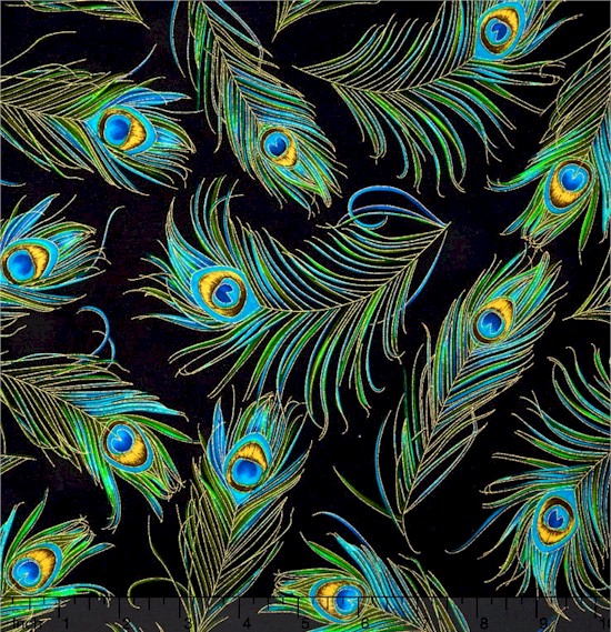 PLUME-CM3550 BLACK Timeless Treasures, Plume Feathers Peacocks, Gold ...
